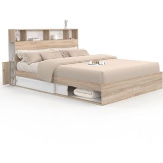 IDMarket Lit double CLEM avec rangements + t&ecirc;te de lit et sommier 160 x 200 cm h&ecirc;tre et blanc