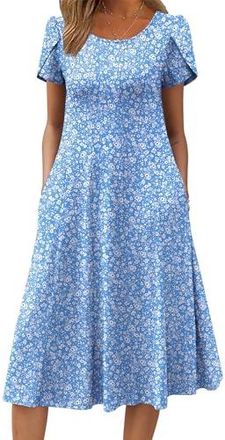 Zeagoo Robe d&eacute;t&eacute; &eacute;l&eacute;gante pour femme - Col rond - Pliss&eacute;e - Manches courtes bouffantes - Robe midi d&eacute;contract&eacute;e - Robe trap&egrave;ze avec poches - Taille S &agrave; XXL, 