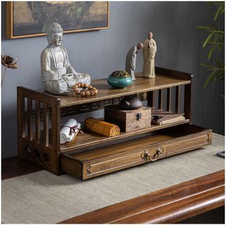 Generic 3-Stufiger Altartisch mit Schublade Puja-Tisch Nat&uuml;rlicher Bambus-Schrein-Tisch f&uuml;r Spirituelle Meditationstisch Orientalischer Gebetstisch Schrank zu