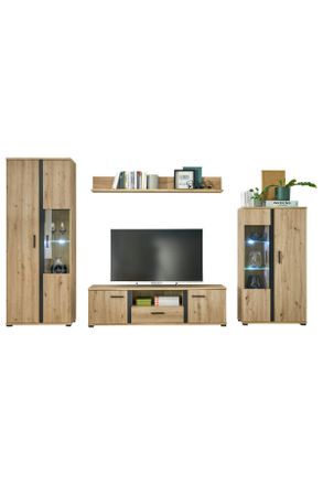 MID.YOU Mid.you Wohnwand, Schwarz, Eiche, Kunststoff, 12 Fächer, 1 Schubladen, Made in EU, Wohnzimmer, Wohnwände, Wohnwand-Sets