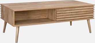 Sweeek Table Basse scandinave avec Portes coulissantes décor Bois rainuré et niches de Rangement