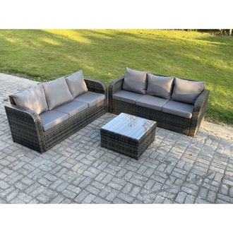 Fimous Fimous Rattan-Gartenm&ouml;bel 6-Sitzer Set Patio Tisch Sofa Stuhl Set mit Graue Kissen