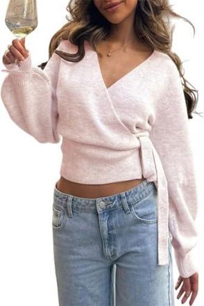 Generic Pull cache-coeur &agrave; col en V pour femme - Manches longues - Taille cintr&eacute;e - Haut court dautomne en tricot l&eacute;ger &agrave; nouer sur le c&ocirc;t&eacute;, rose, XL