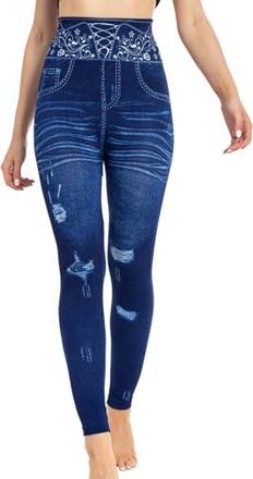 Generic Leggings Imitation Jean Femme Leggings Taille Haute Ceinture Elastiquée Slim Jeggings Femme Slim Extensible Pantalon de Crayon sans Couture