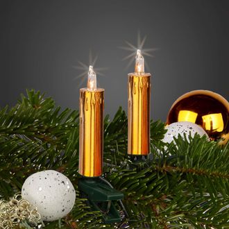 Hellum 20er Minischaft Lichterkette mit Stecker, Lichterkette Weihnachtsbaum mit 20 warmweißen Lichtern, Kabel grün Kerzen gold mit Wachsoptik, Gesamtlänge 1