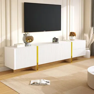 STILVORA Meuble TV avec 3 Portes et 2 Tiroirs, Charni&egrave;res Amorties, Style Moderne, en MDF et Panneaux de Particules, Blanc et Dor&eacute;