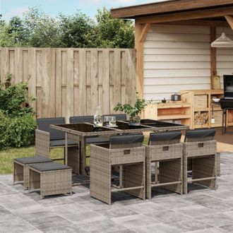 vidaXL 11-tlg. Garten-Essgruppe mit Kissen Grau Poly Rattan - Vidaxl