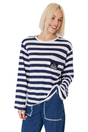 Trendyol Trendyol Womens Rundhalsausschnitt Gestreift Regular Bluse T-Shirt, Navy blau, Medium