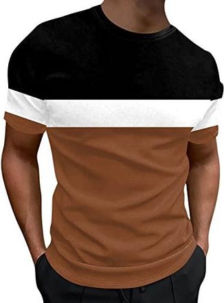 Generic Chemise ray&eacute;e en maille pour homme Printemps et &eacute;t&eacute; Loisirs Sports Respirant Confortable Plage Vent Rayures Couleur T-shirt &agrave; manches courtes, caf&eacute;, 3