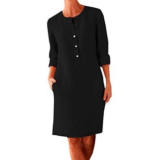 FNKDOR Robe d&eacute;contract&eacute;e Femme Couleur Unie R&eacute;tro Coton et Lin Robe Tunique Chic Bouton Col Rond Robe Casual L&acirc;ch&eacute; Robe Midi &agrave; Manches Longues Robe D&eacute;t&eacute; avec