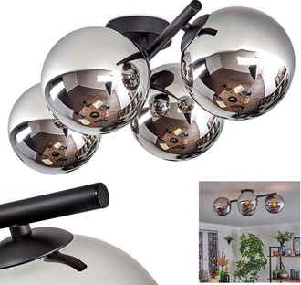 HOFSTEIN Deckenleuchte Gastor, 4-flammige Deckenlampe aus Metall/Glas in Schwarz/Chrom-/Rauchfarben, moderne Leuchte im Retro/Vintage-Design (Schirme Ø 15 cm),