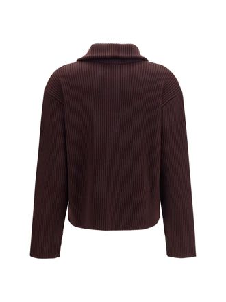 Courr&egrave;ges Womens Ribbed Zip Sweater Burnt Red Merino Wool Ovis Aries