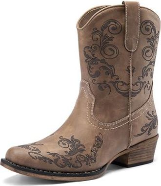 Dream Pairs Bottes Femme Western Cowboy Courtes Bout Carr&eacute; Confortables Mode,Size 41,Brun,SDAB2407W