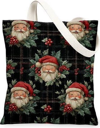 Generic Sac fourre-tout en toile avec motif P&egrave;re No&euml;l, motif vacances festives, sacs &agrave; provisions r&eacute;utilisables, vintage No&euml;l, l&eacute;ger, lavable, Noir/blanc, 13x