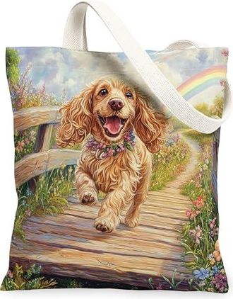 Generic Sac fourre-tout en toile r&eacute;utilisable avec motif de cocker am&eacute;ricain printanier 33 x 38,1 cm, motif chien cocker am&eacute;ricain pour femme, motif floral am