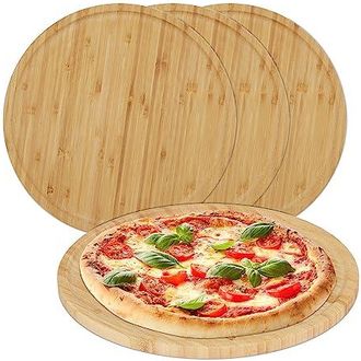 Relaxdays Pizzateller, 4er Set, Bambus, Ø 32 cm, Servierbrett für Pizza, Flammkuchen, Käse, rundes Pizzabrett, natur