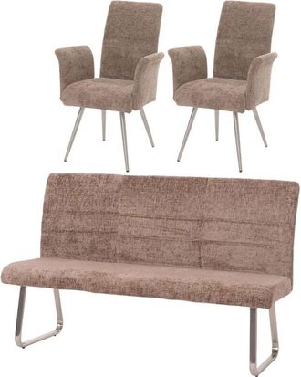 Hhg neuwertig] Esszimmer-Set 221, 2er-Set Stuhl mit Armlehne+Sitzbank 180cm, Edelstahl gebürstet Stoff/Textil Chenille braun