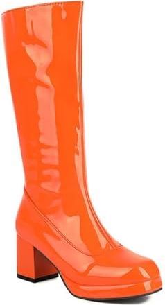 Generic Bottes montantes tendance à bout carré en cuir PU verni pour femme, chaussures habillées dhiver pour les loisirs et les fêtes, Orange, 37.5 EU