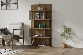 Hanah Home Stylish Walnut Bookshelf, 80 cm x 160 cm x 21.8 cm | 100% Melamine Coated Particle Board, 18 mm Thick | Wall-Mountable, Multiple Shelves, Extra Storag