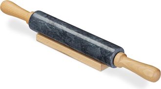 Relaxdays Nudelholz Marmor, Griffe aus Holz, Teigroller zum Kochen & Backen, Ablage, 48 cm, schwere Backrolle, schwarz