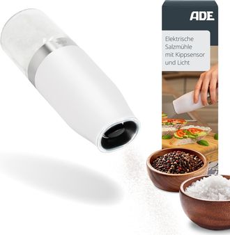 ADE Salzmühle elektrisch mit Kippsensor | Pfeffermühle mit Keramikmahlwerk | Gewürzmühle | stufenlos einstellbar | Salz, Pfeffer, Chili, getrocknete Kräut