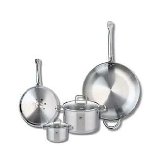 Fackelmann ELO 9505350 Batterie de cuisine 4 pièces, Ensemble de 2 Poêles de cuisson 24 et 32 cm et 2 faitouts 12 et 20 cm Elo Profi Citrin, inox, induction, Gri