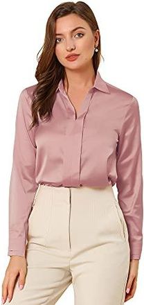 Allegra K Chemisier Femme en Satin Col en V Blouse Satinnée Chic et élégante pour Bureau à Manches Longues Coupe Ample Rose poussiéreux M