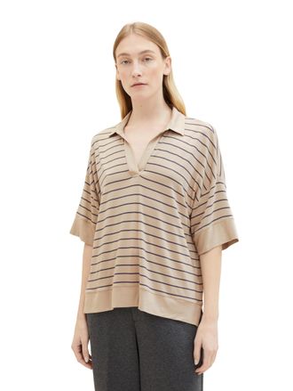 Tom Tailor Damen Loose Fit Polo Shirt mit Streifen, 30157 - Beige Anthracite Stripe, XXXL
