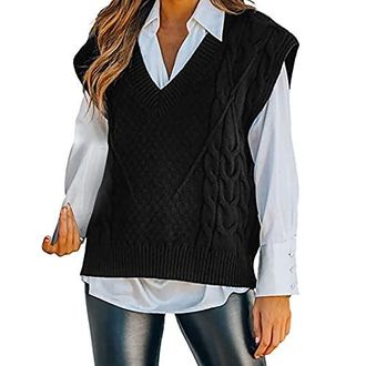 Generic Gilets tricotés pour femmes - Pull en tricot pour femme - Couleur unie - Col en V - Gilet tricoté sans manches à carreaux pour la vie quotidienne et l
