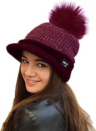 RockJock Mesdames Molleton Chaud doubl&eacute; en Maille Casquette Beanie Baseball avec Detachable Pom Fausse Fourrure Pomp&eacute;e Porter avec ou sans