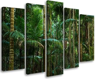 Feeby 5-teilig Vlies Leinwandbild 200x100 cm Dschungel Natur Exotische Pflanzen Wanddeko Design Kunstdruck Zimmerdeko Bilderwand Tropen Bäume Blätter Grün