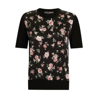 Dolce & Gabbana Femme, Pulls, Noir, Taille: 48 FR Pull en soie &agrave; imprim&eacute; roses