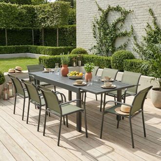 Sweeek Table de jardin extensible aluminium + 8 assises aluminium et textil&egrave;ne kaki. 270 x 90 x 75 cm