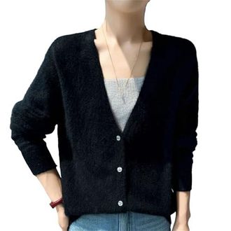 Generic Cardigan en cachemire pour femme 100 % vison - Veste ample - Col en V - Manches longues, noir, Taille XL