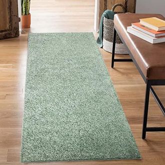 Carpet City Shaggy Tapis de salon/de couloir, &agrave; poils longs, motif uni, vert, 80 x 300 cm, doux et moelleux, moderne, convient &eacute;galement &agrave; la chambre &agrave; coucher
