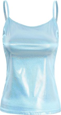 dPois Damen Metallic Tank Top Lang Shirt Ärmellos T-Shirt Crop Top Unterhemd Camisole Lack Leder Glänzend Oberteile Trägertop Sommer Festival Clubwear Hellb