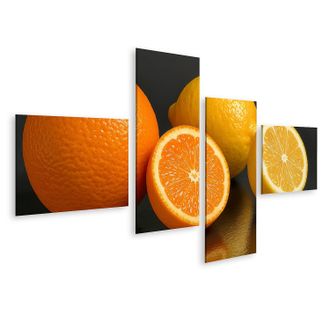 Islandburner Wandbild auf Leinwand Zitrusfr&uuml;chte - Frische Orangen und Zitronen auf dunklem Hintergrund - 4-teilig - Edition X1