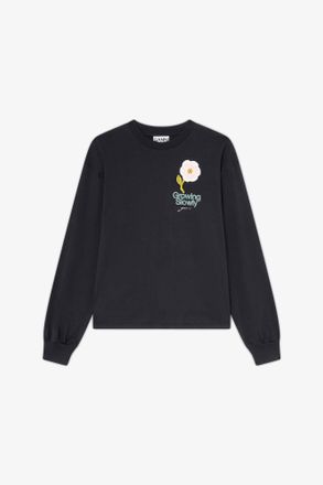 Ganni gemischt Langarm-T-Shirt mit geh&auml;kelter Blume Bio-Baumwolle - Gr&ouml;&szlig;e XS