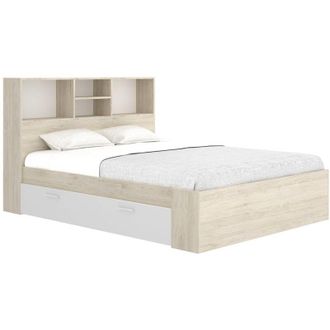 Vente-Unique Vente-Unique - Lit 140 x 190 cm avec rangements - 2 tiroirs et 4 niches - Coloris naturel et blanc - Panneau de particules m&eacute;lamin&eacute;