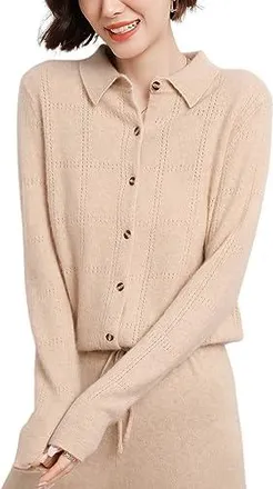 Dissa Gilet Cachemire Femme Revers Beige Boutonné Tricoté en Vrac Manches Longues Fin Cardigan en Cachemire et Laine,38,DF8014