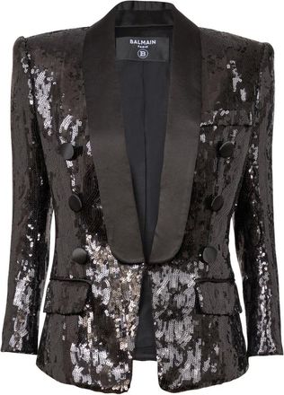 Balmain Femme, Vestes, Noir, Taille: 40 FR Veste de tailleur &agrave; paillettes et satin avec col en V