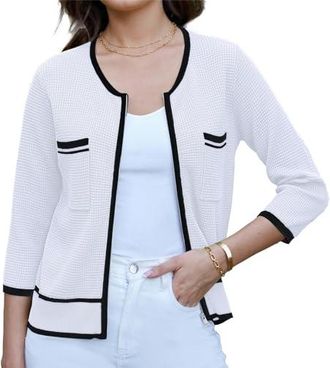 Grace Karin Cardigan à manches 3/4 et col rond décontracté ouvert sur le devant en tricot élégant et léger pour femme, blanc, XXL