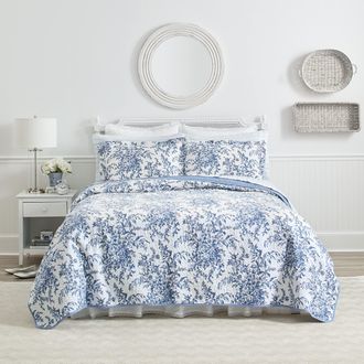 Laura Ashley Quilt Set Wendebettwäsche aus Baumwolle mit passendem Kissenbezug, leichte Wohnkultur für alle Jahreszeiten, Polyester, Bedford Delft Blue, Twin, 3