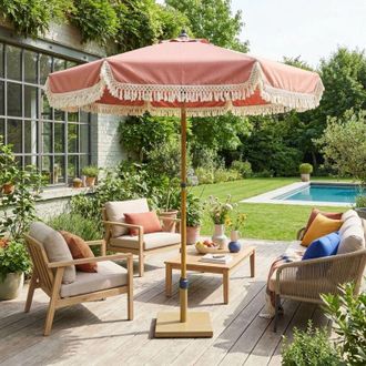 Sweeek Parasol HOSSEGOR droit &agrave; franges 2m. terracotta. acier. m&acirc;t effet bois. UPF 30+. D 200 x H 225 cm