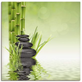Artland Wanddeko Leinwand Bilder Wandbild 50x50 cm Asien Zen Wellness Spa Wasser Bambus Steine Grün R2PR