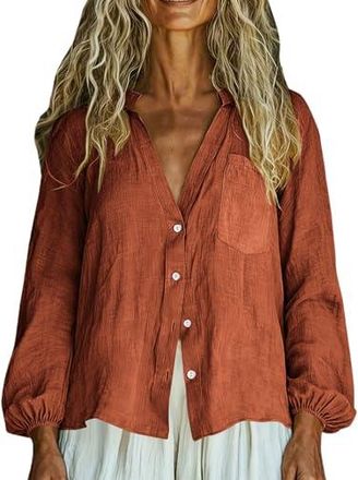 Generic Chemisier pour femme en lin somme &eacute;l&eacute;gant coton lin chemise boutonn&eacute;e unie col en V chemise tunique basique ample chemisier femme top pour le quotidie
