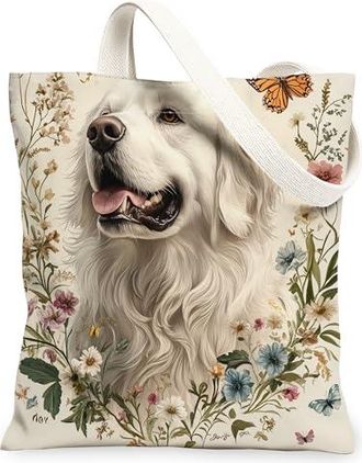 Generic Sac fourre-tout en toile motif chien des Pyr&eacute;n&eacute;es printani&egrave;res 33 x 38 cm, sac d&eacute;picerie r&eacute;utilisable vintage pour femme, animal de compagnie, motif d