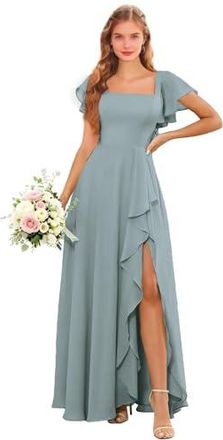 Generic Robe de demoiselle dhonneur à manches courtes en mousseline de soie avec fente et col carré, robe dinvitée de mariage, robe formelle pour mariage, Ble