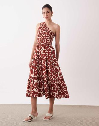 Nobody's Child Cecilia - Robe mi-longue asym&eacute;trique en coton &agrave; volants &eacute;tag&eacute;s et imprim&eacute; abstrait - Marron-Brown