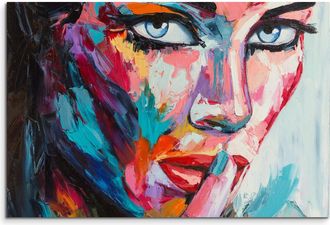 Paul Sinus Art Sinus Art Wandbild 120x80cm Buntes modernes Fotodruck aus Ölgemälde - Frau mit blauen Augen auf Leinwand für Wohnzimmer, Büro, Schlafzimmer, Ferienwoh